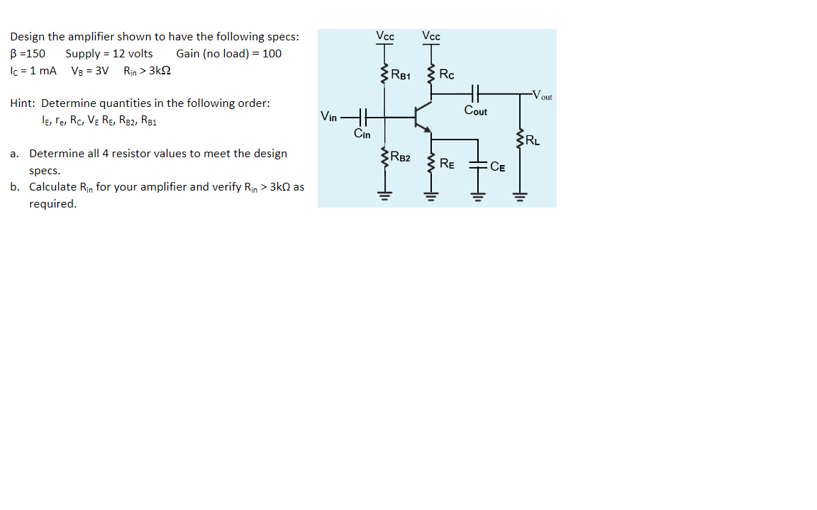 Solved Design the amplifier shown to have the following | Chegg.com