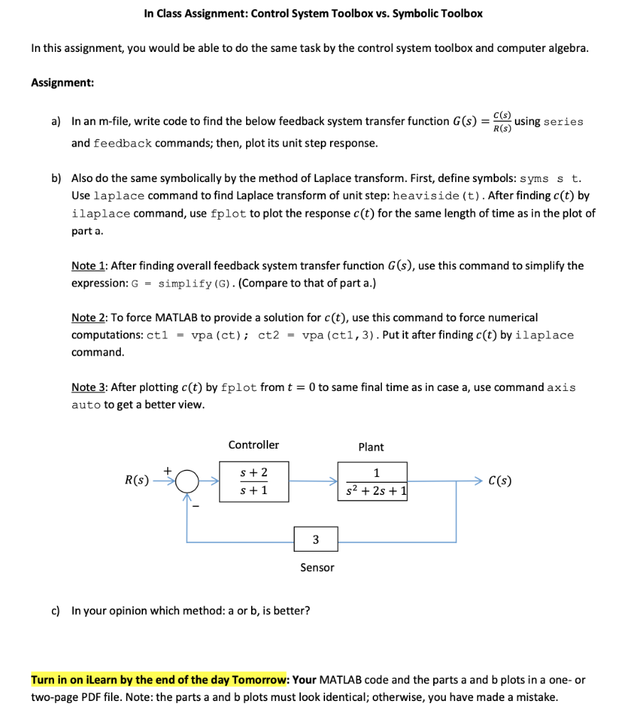 Solved In Class Assignment: Control System Toolbox vs. | Chegg.com