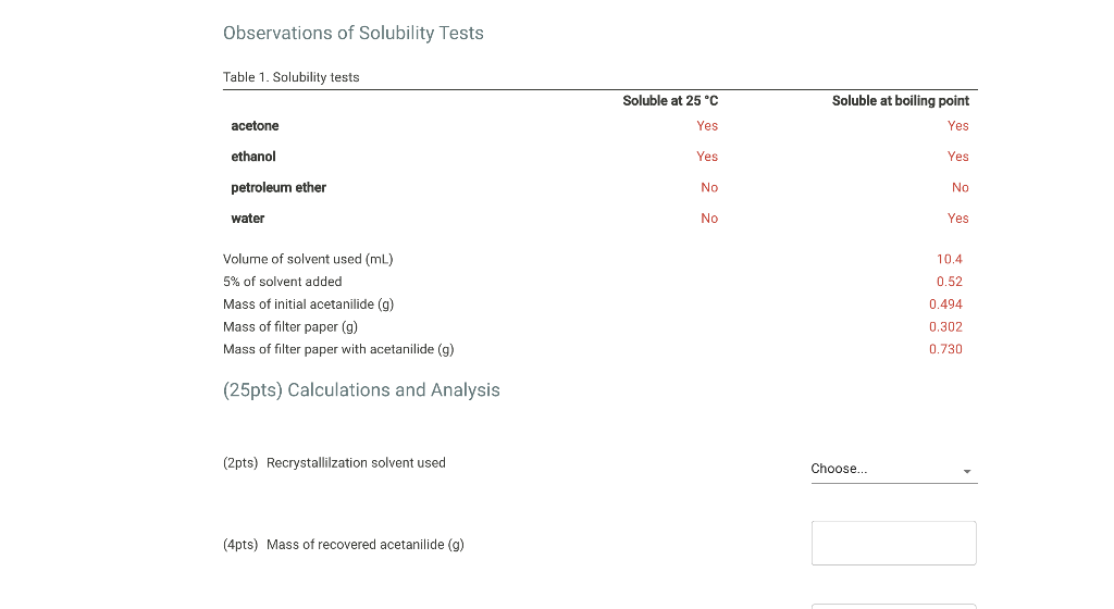 Solved Observations of Solubility Tests Table 1. Solubility | Chegg.com