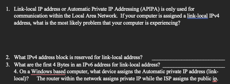 1. Link-local IP address or Automatic Private IP | Chegg.com