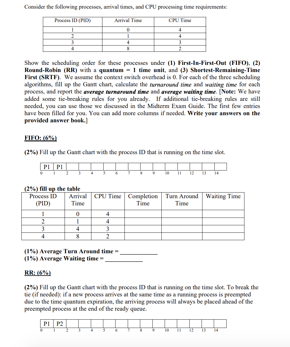 Solved Consider the following processes, arrival times, and | Chegg.com