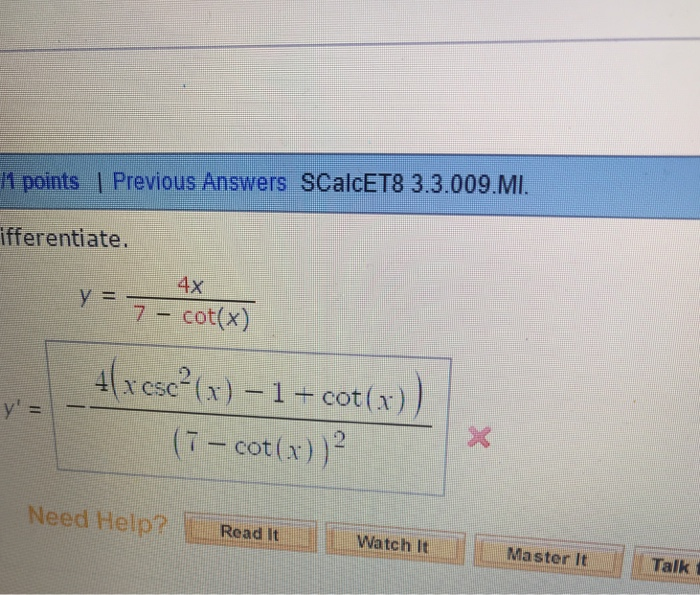 Solved 1 points | Previous Answers SCalcET8 3.3.009.MI. | Chegg.com