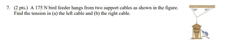 Solved 7. (2 pts.) A 175 N bird feeder hangs from two | Chegg.com