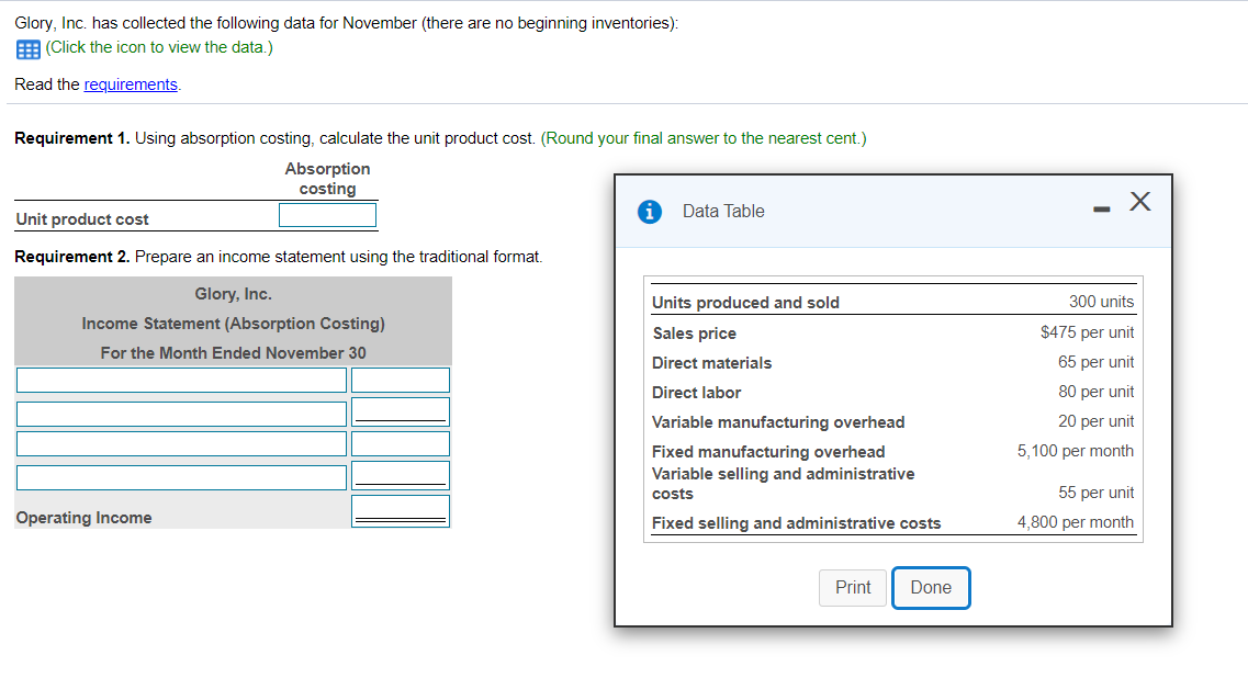 Solved Glory, Inc. has collected the following data for | Chegg.com