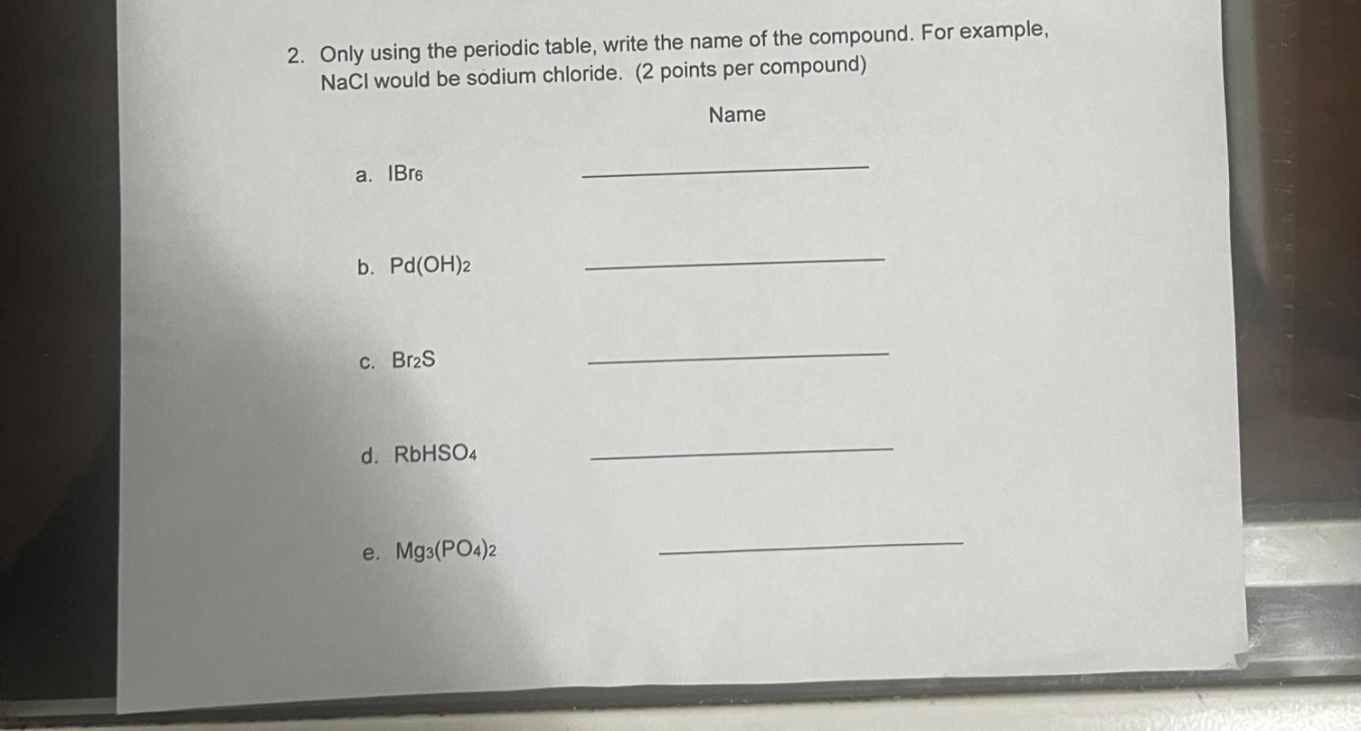 Solved 2. Only using the periodic table, write the name of | Chegg.com