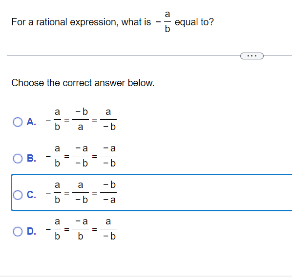 Solved For a rational expression, what is −ba equal to? | Chegg.com