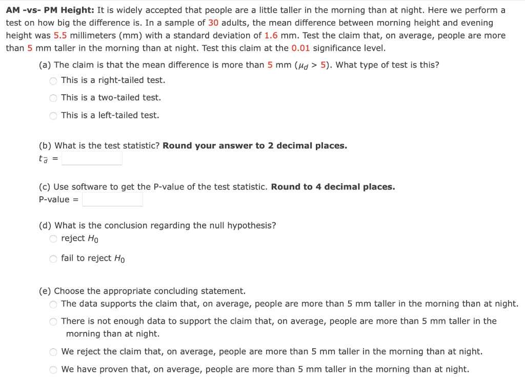 Solved AM-VS-PM Height: It is widely accepted that people | Chegg.com