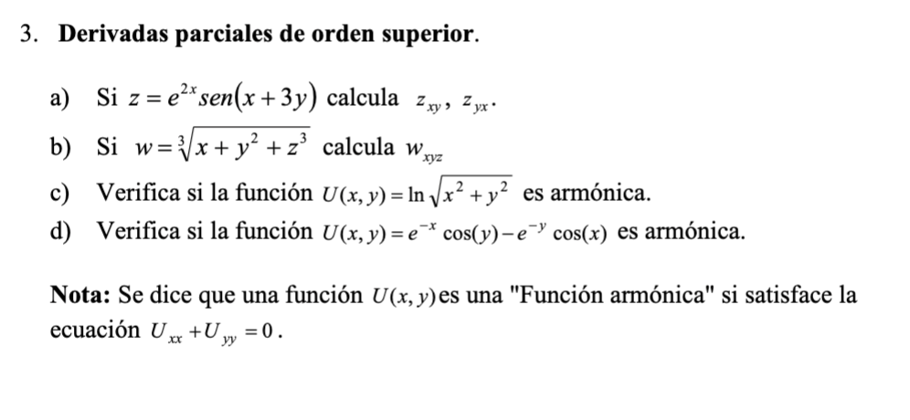 Solved 3. Derivadas parciales de orden superior. a) Si \\( | Chegg.com