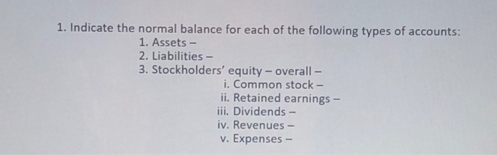 Solved 1. Indicate the normal balance for each of the | Chegg.com