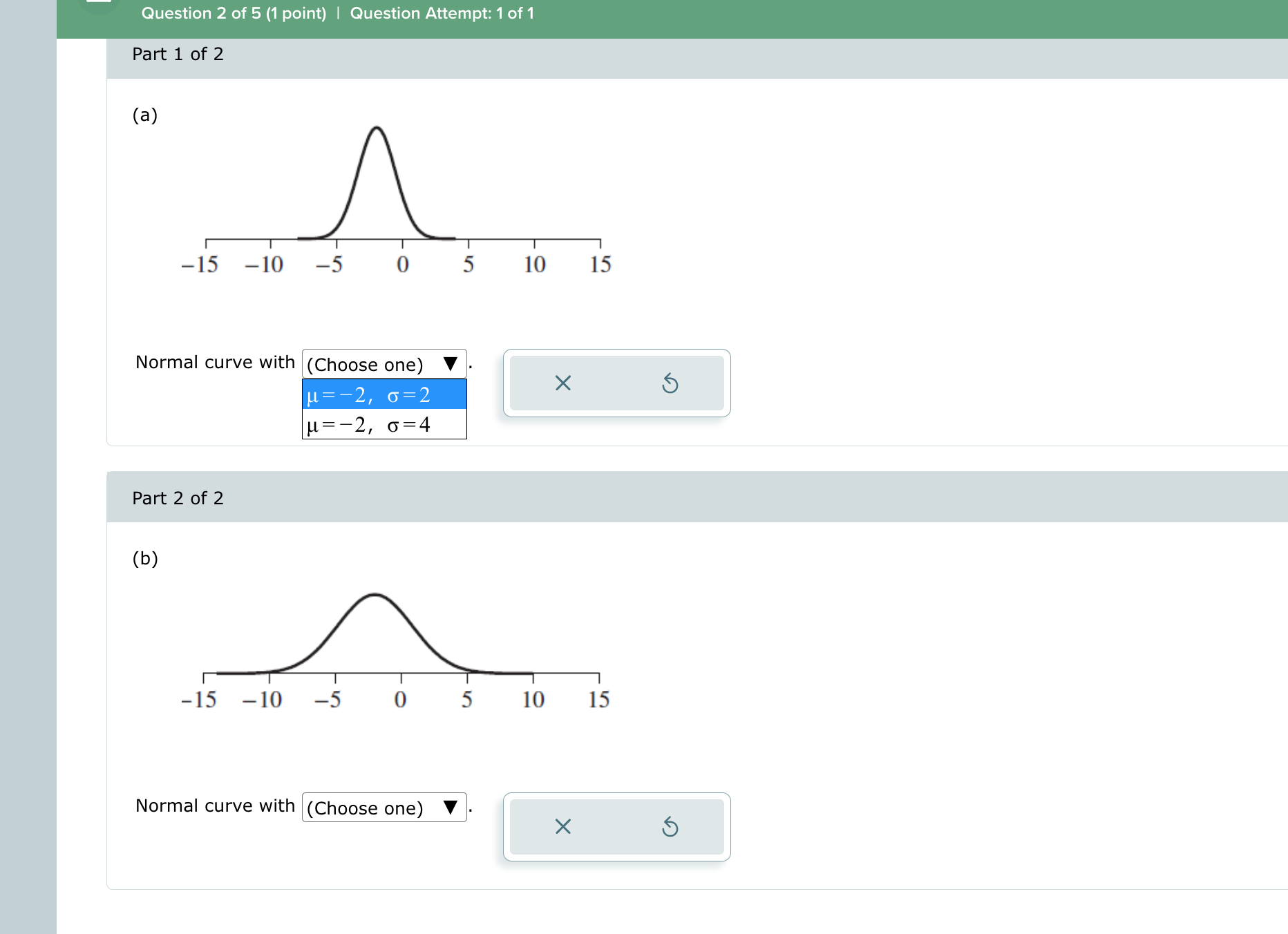 Solved (a) Normal curve with (Choose one) μ=−2,μ=−2,σ=2σ=4 | Chegg.com