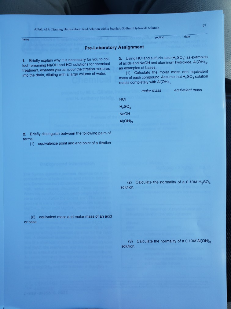 Solved ANAL 425: Titrating Hydrochloric Acid Solution with a | Chegg.com