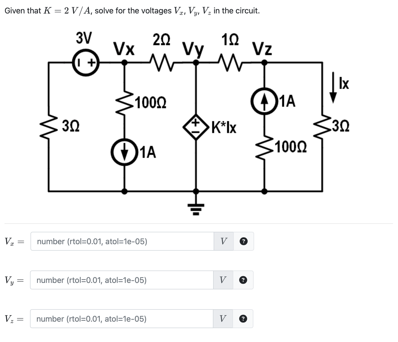 Solved Given that K=2V/A, solve for the voltages Vx,Vy,Vz in | Chegg.com