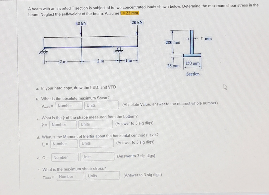 Solved A beam with an inverted T section is subjected to two | Chegg.com