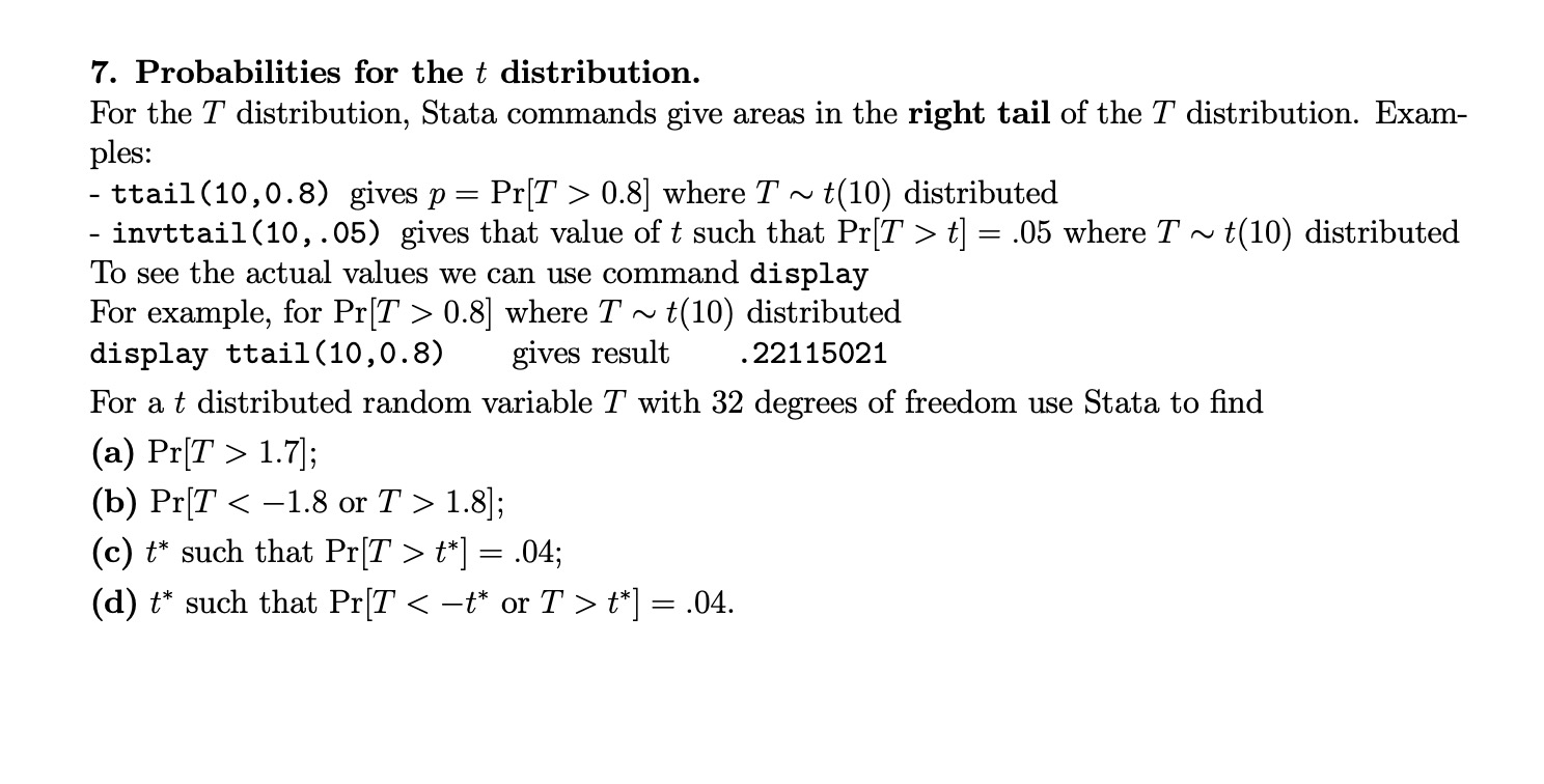 Solved 7. Probabilities for the t distribution. For the T | Chegg.com