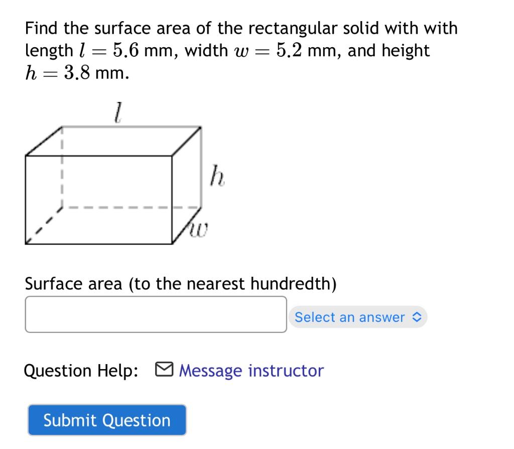 Solved Find the surface area of the rectangular solid with | Chegg.com
