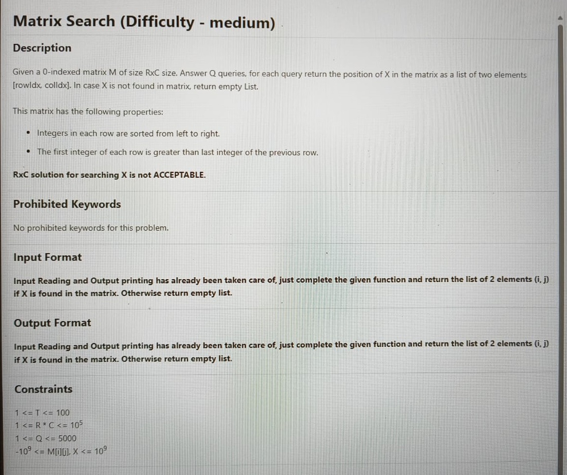 Solved Matrix Search (Difficulty - medium) Description Given | Chegg.com
