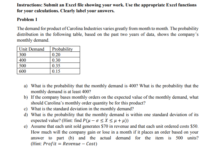 Solved Instructions: Submit an Excel file showing your work. | Chegg.com
