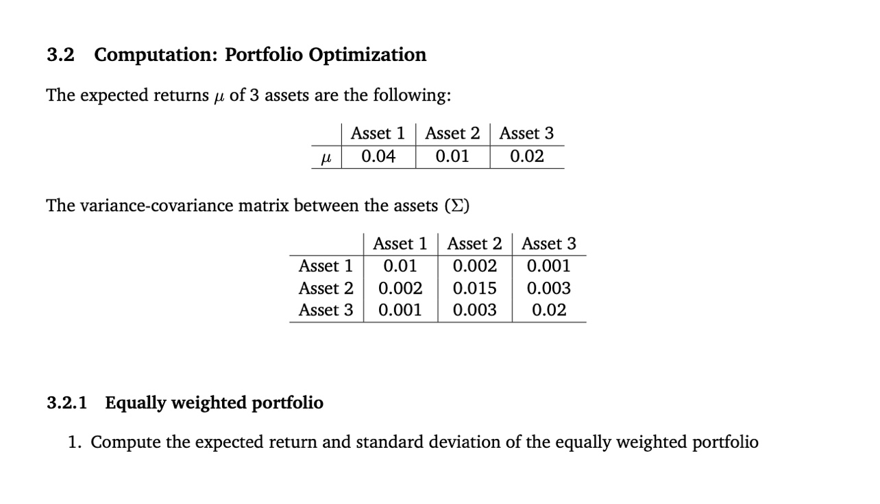 3.2 Computation: Portfolio Optimization The expected | Chegg.com