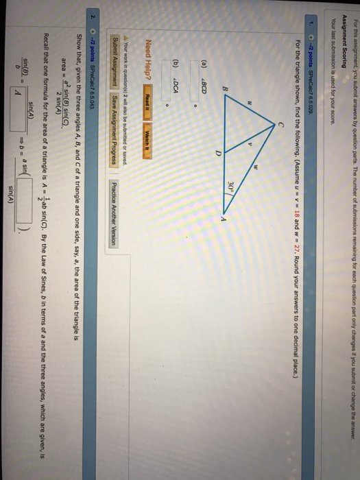 Solved Assignment Scoring | For the triangle shown, find the | Chegg.com