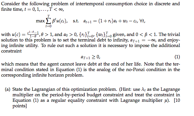 Consider the following problem of intertemporal | Chegg.com