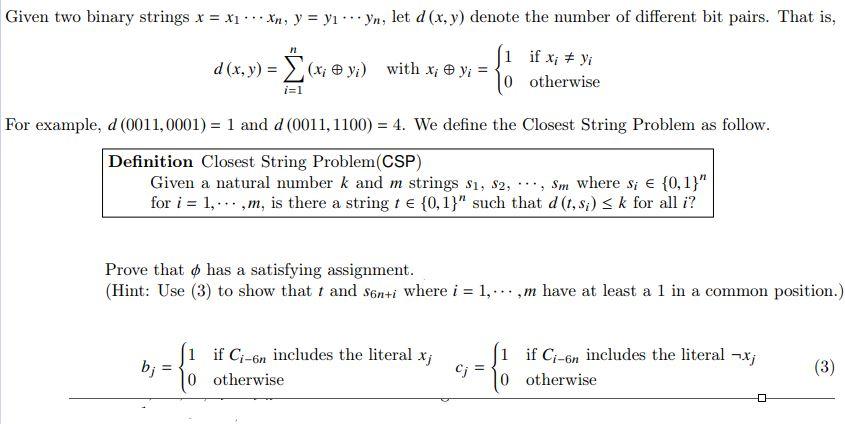 Given two binary strings x = x1 Xn, y = yı. Yn, let d | Chegg.com