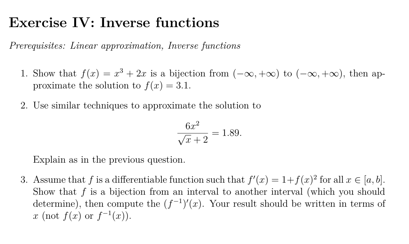 Solved Exercise IV: Inverse functionsPrerequisites: Linear | Chegg.com