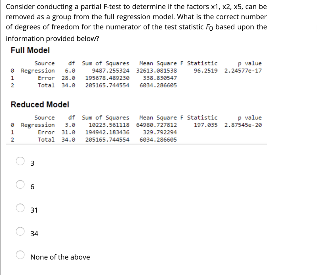 Solved Consider conducting a partial F-test to determine if | Chegg.com
