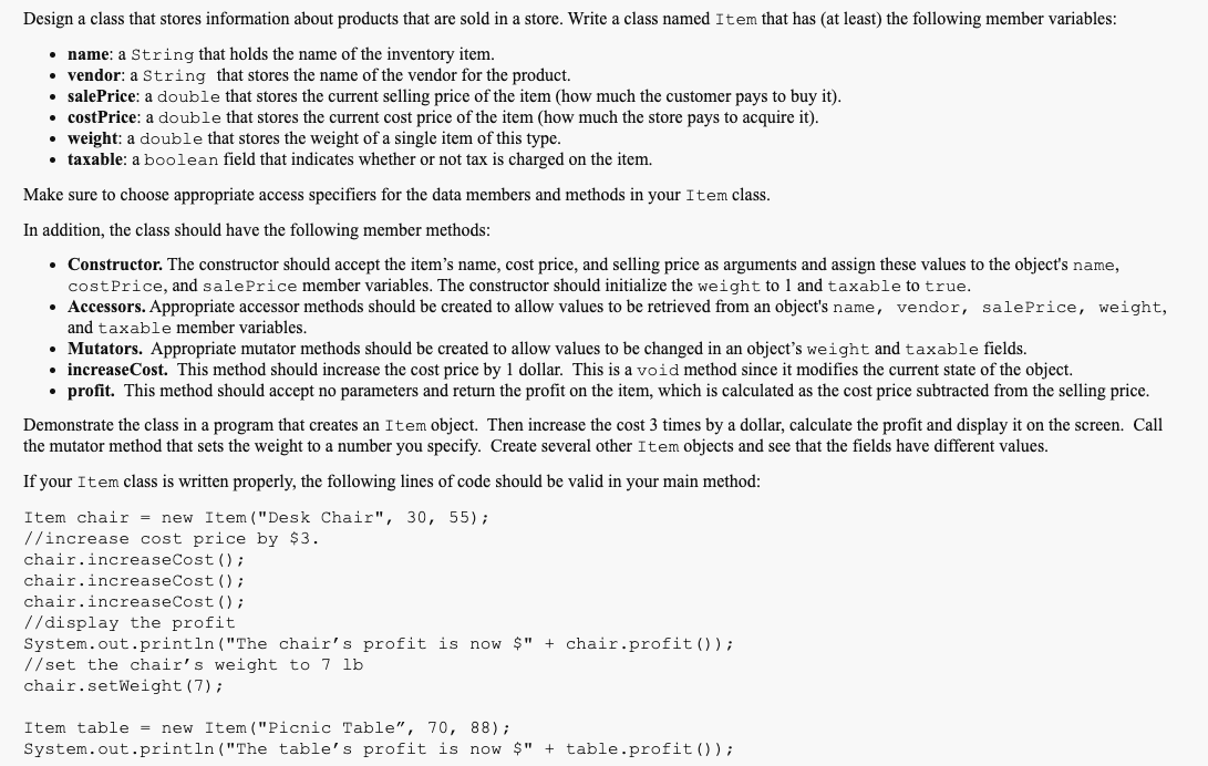 Solved Design a class that stores information about products | Chegg.com