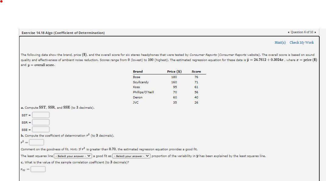 Solved and y= overall score. a. Compute SST, SSR, and SSE | Chegg.com