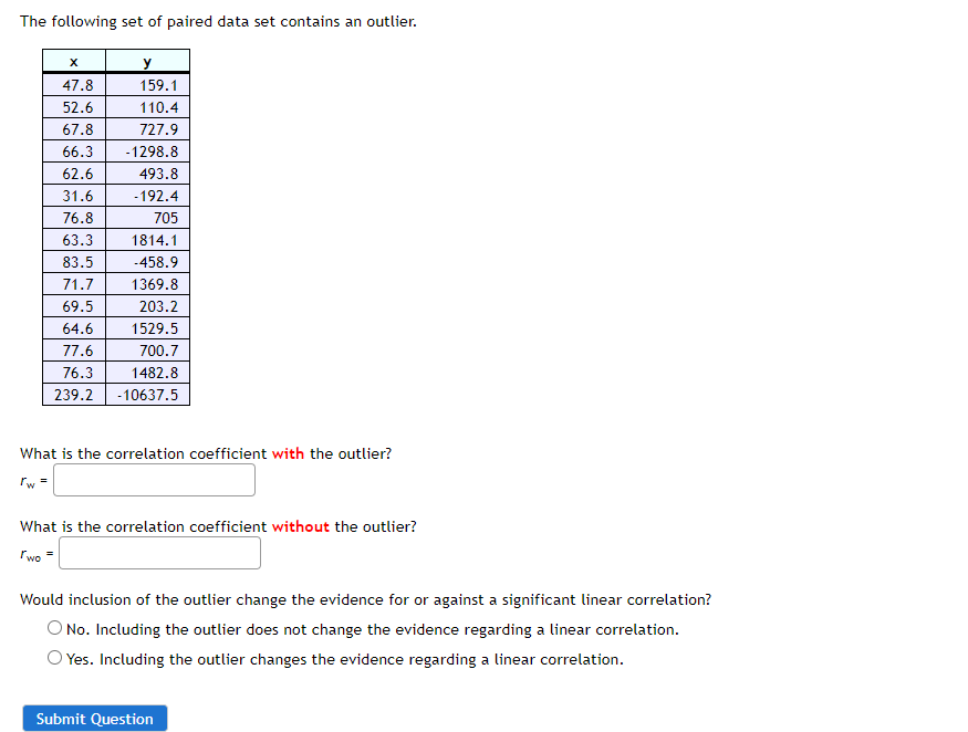 Solved The following set of paired data set contains an | Chegg.com