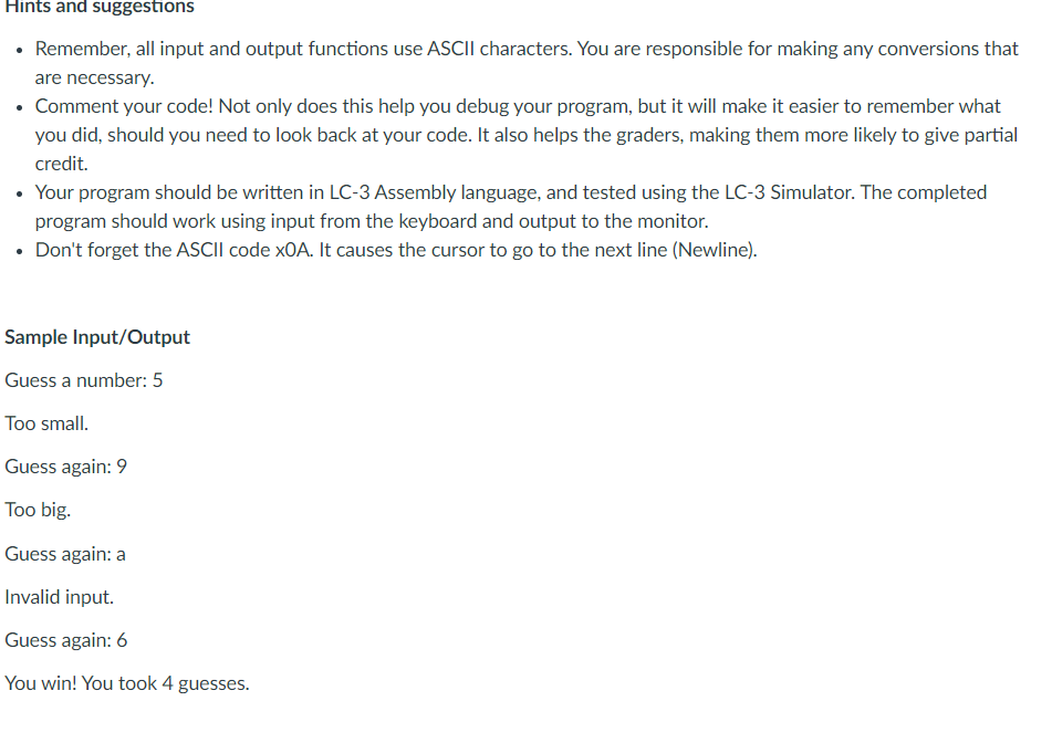 Solved LC-3 assembly language with I/O Hi-Lo Guessing Game. | Chegg.com