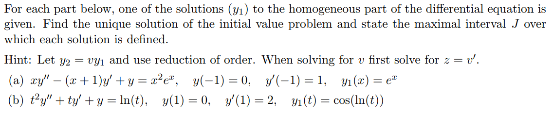 Solved For each part below, one of the solutions (y1) to the | Chegg.com