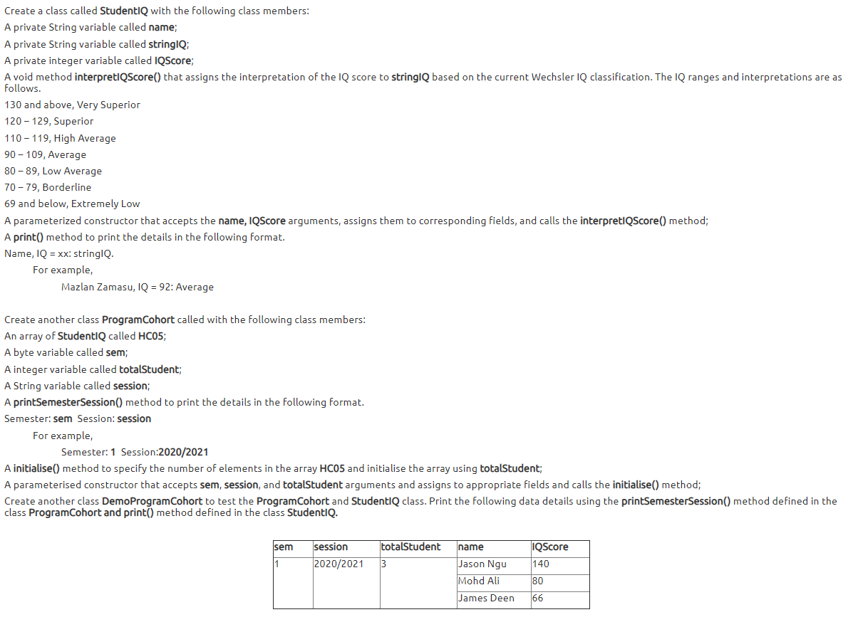 Solved Create a class called StudentIQ with the following | Chegg.com