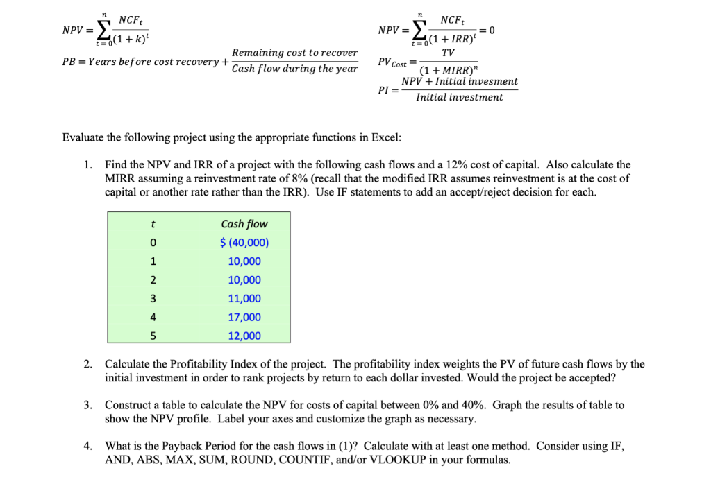 Solved NPV=∑t=0n(1+k)tNCFtPB= Years before cost recovery + | Chegg.com