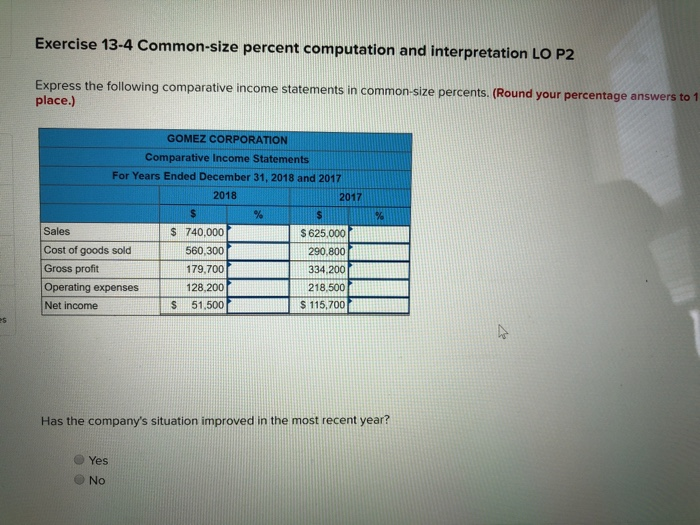 Solved Exercise 13-4 Common-size percent computation and | Chegg.com