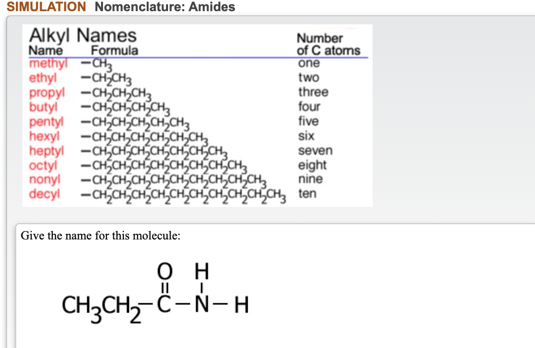 Solved SIMULATION Nomenclature: Amides Alkyl Names Number | Chegg.com