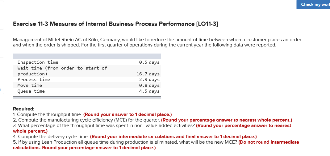 Solved Check my work Exercise 11-3 Measures of Internal | Chegg.com