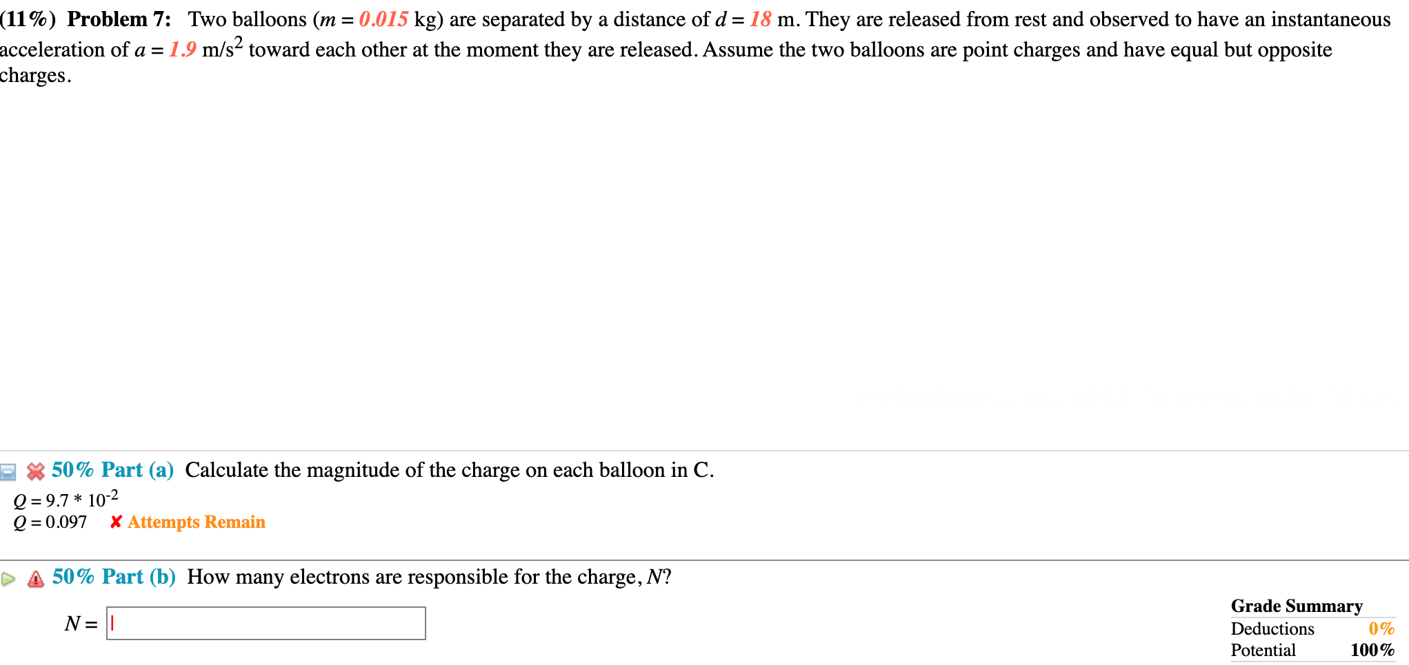 Solved (11\%) Problem 7: Two balloons (m=0.015 kg) are | Chegg.com