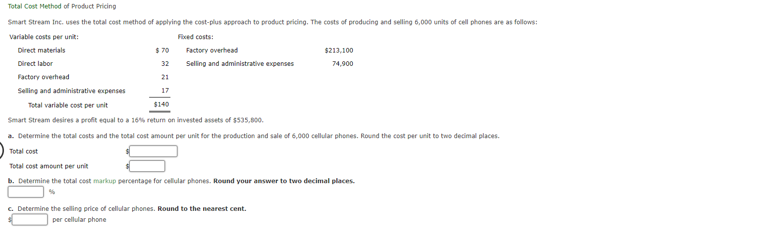 Solved Total Cost Method of Product Pricing Smart Stream | Chegg.com