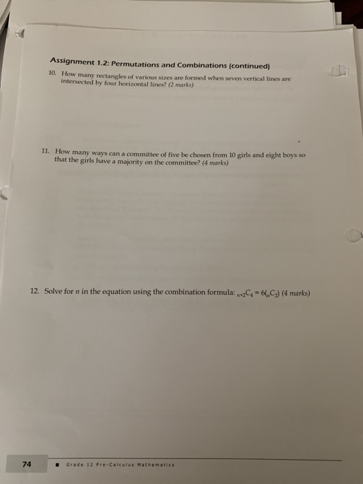 Assignment 1.2 Permutations and Combinations Total: | Chegg.com