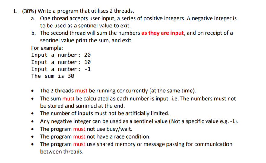 Solved 1 30 Write A Program That Utilises 2 Threads A 9686