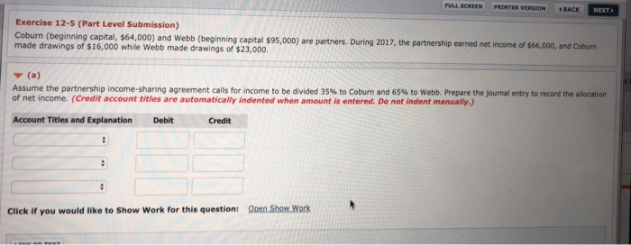 Solved FULL SCREEN PRINTER VERSION BACK Exercise 12-5 (Part | Chegg.com