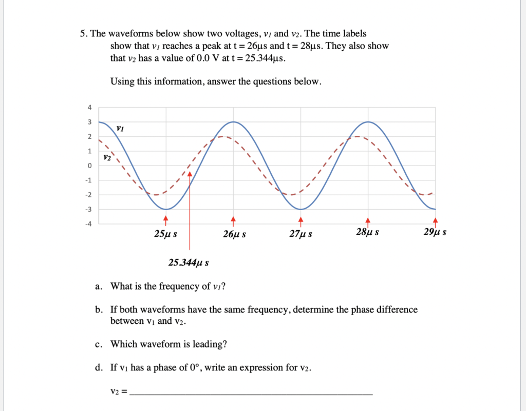 5. The waveforms below show two voltages, vI and v2. | Chegg.com