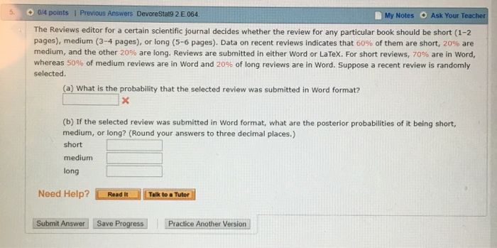 Solved 50/4 points I Previous Answers DevoreStat9 2.E.064 My | Chegg.com
