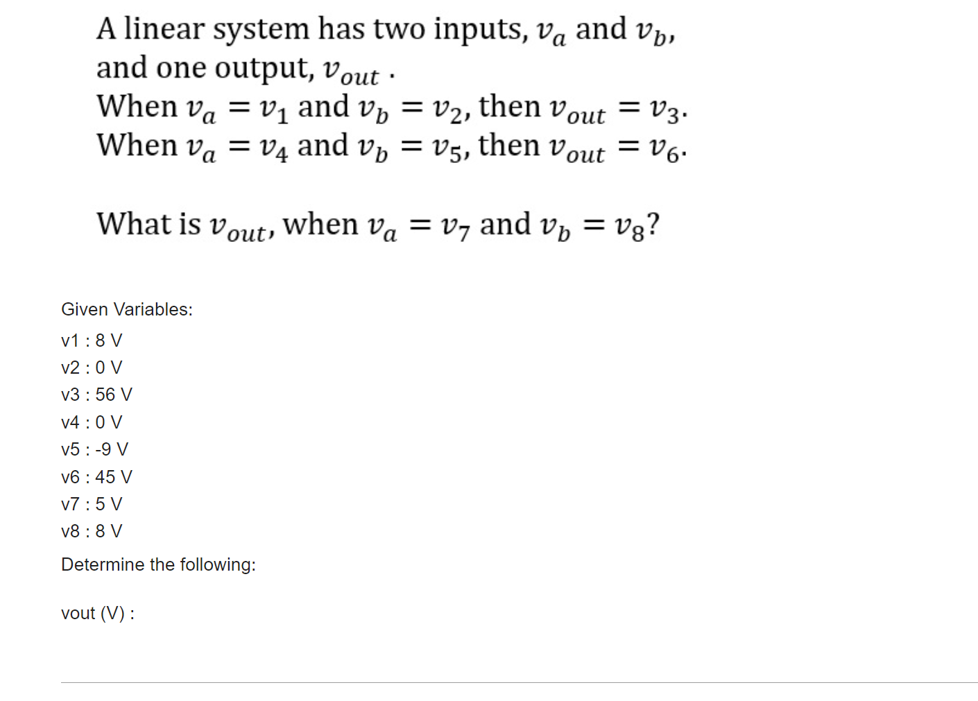Solved A linear system has two inputs, va and vb, and one | Chegg.com