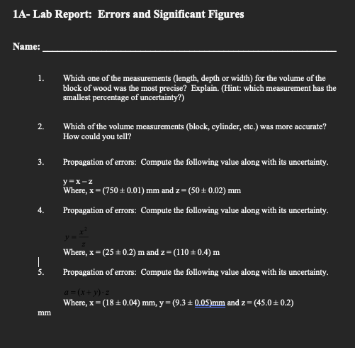 Solved 1A-Lab Report: Errors and Significant Figures Name: | Chegg.com
