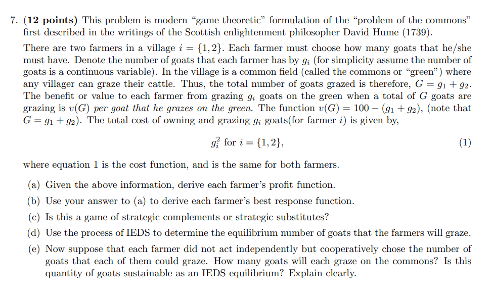 Solved (12 points) This problem is modern "game theoretic" | Chegg.com