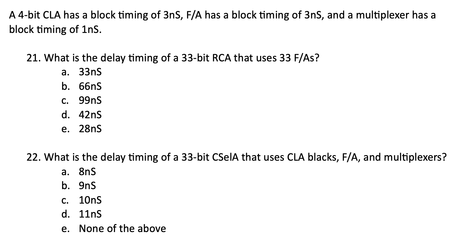 Solved 4-bit CLA has a block timing of 3nS,F/A has a block | Chegg.com
