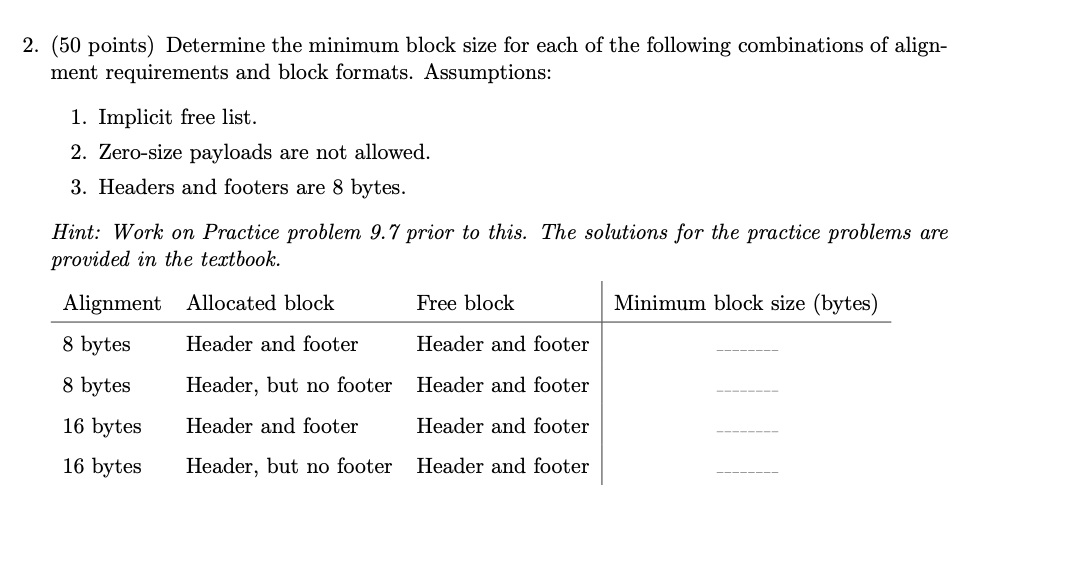 Solved (50 points) Determine the minimum block size for each | Chegg.com