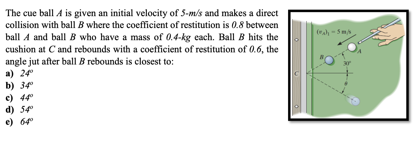 Solved (VA), = 5 m/s 30° The cue ball A is given an initial | Chegg.com